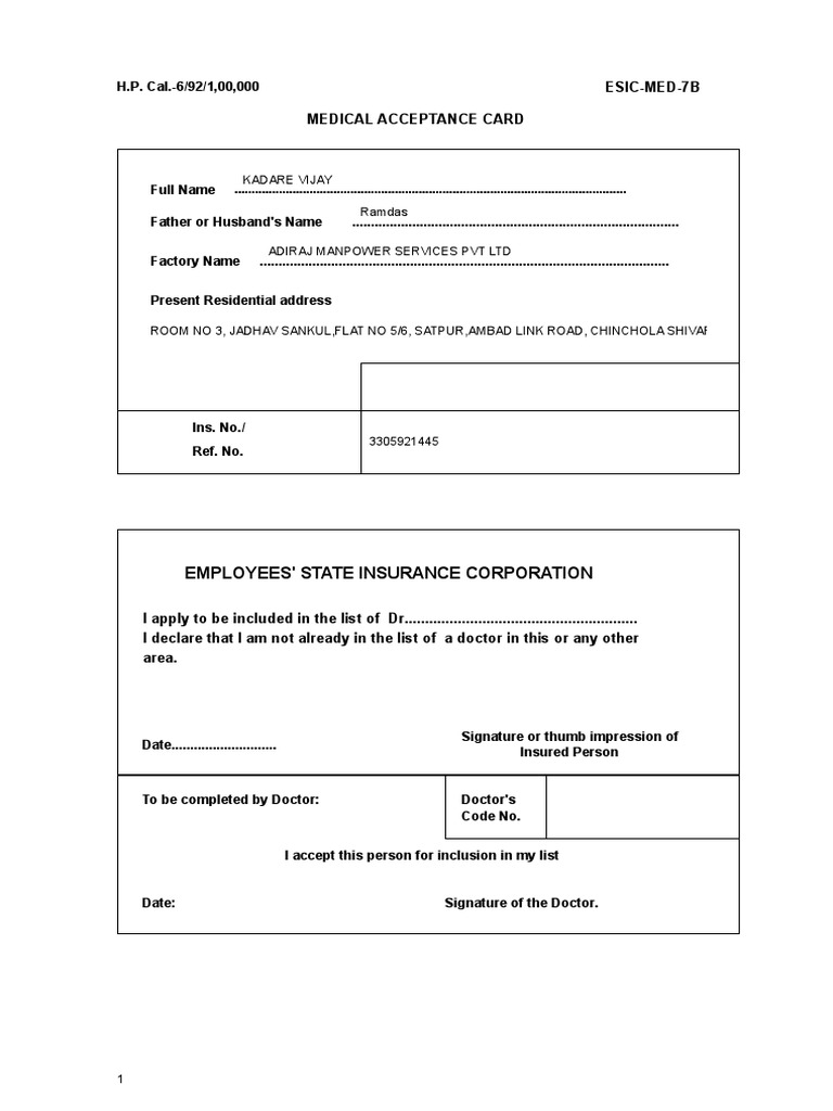 ESIC Medical Acceptance Card Details | PDF