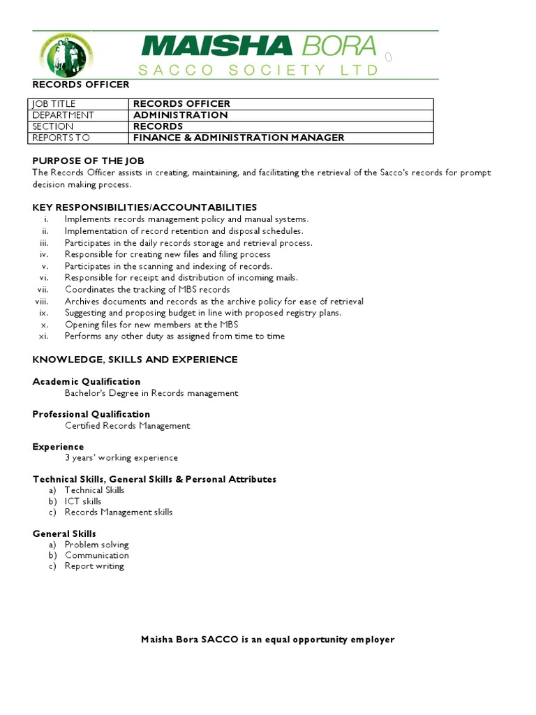 Records Officer Job Description | PDF | Career & Growth | Art