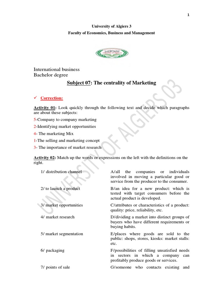 Correction of Activites Lecture 07the Centrality of Marketing | PDF ...