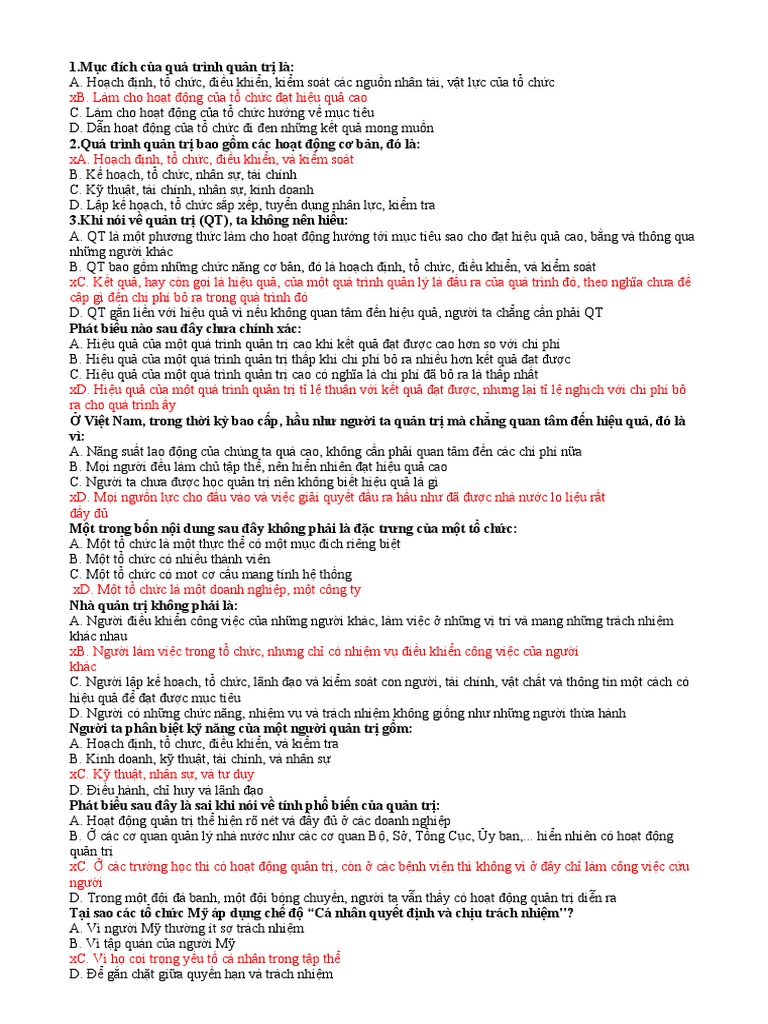 (123doc) de Cuong Cau Hoi Trac Nghiem On Tap Quan Tri Hoc | PDF