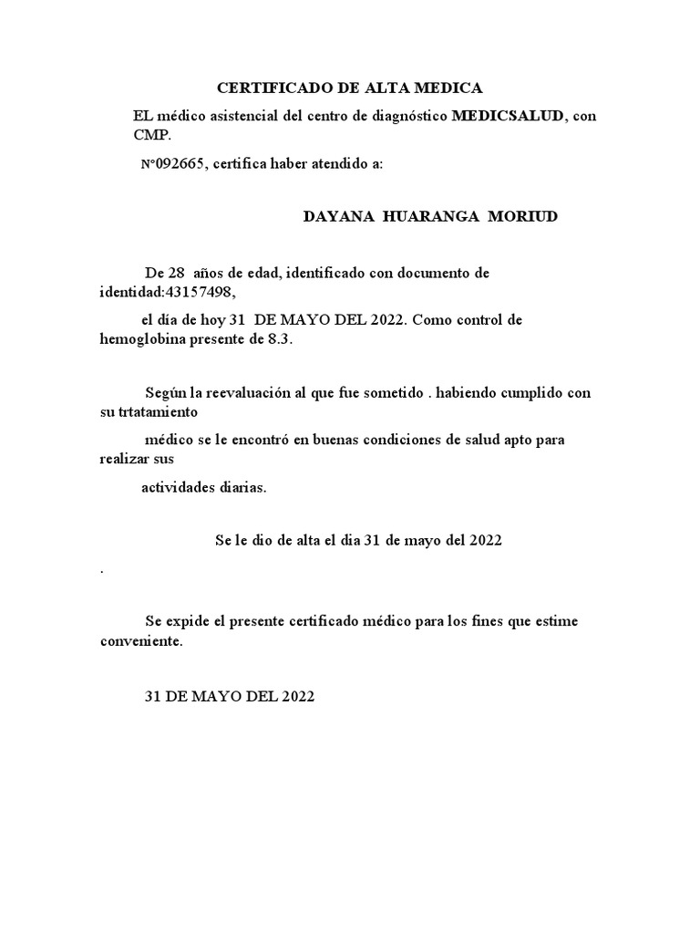 Certificado de Alta Medica | PDF