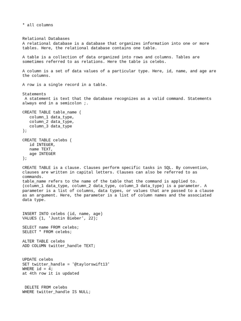 SQL Notes | PDF | Table (Database) | Relational Model SQL Notes | PDF | Table (Database) | Relational Model