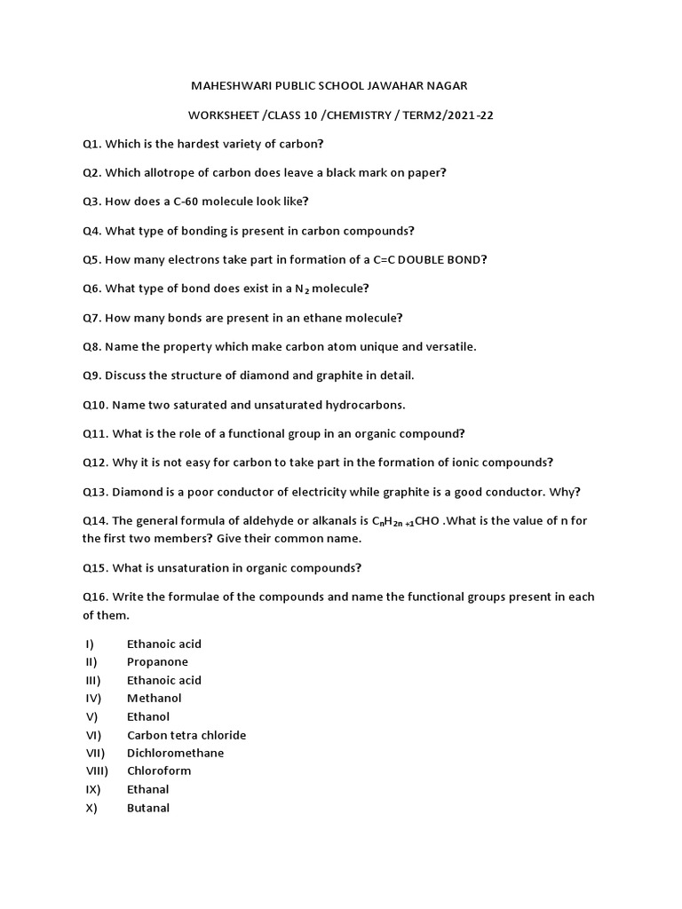 Worksheet Class 10 Chemistry Term2 | PDF | Carbon | Molecules