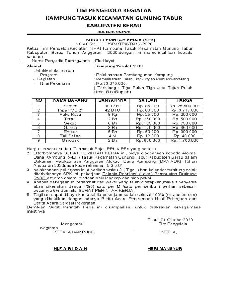 Surta Perintah Kerja 1 (Kop TPK) | PDF