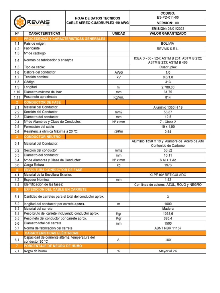 Ficha Tecnica Cuadruplex 1-0 Awg | PDF