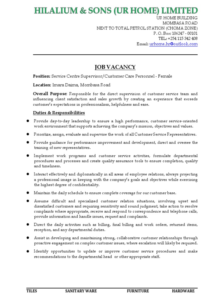 Service Centre Supervisor Job Advert - Hilalium & Sons (UR Home ...