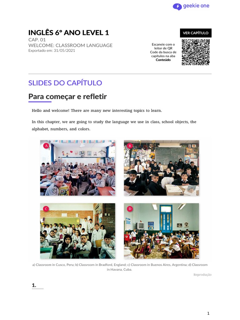 Geekie One - EF - Mistas - Inglês 6º Ano Level 1 - Cap. 01 - Welcome - Classroom Language | PDF ...