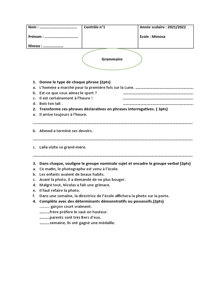 Évaluation de français CM2 2021-2022 | PDF | Linguistique | Grammaire