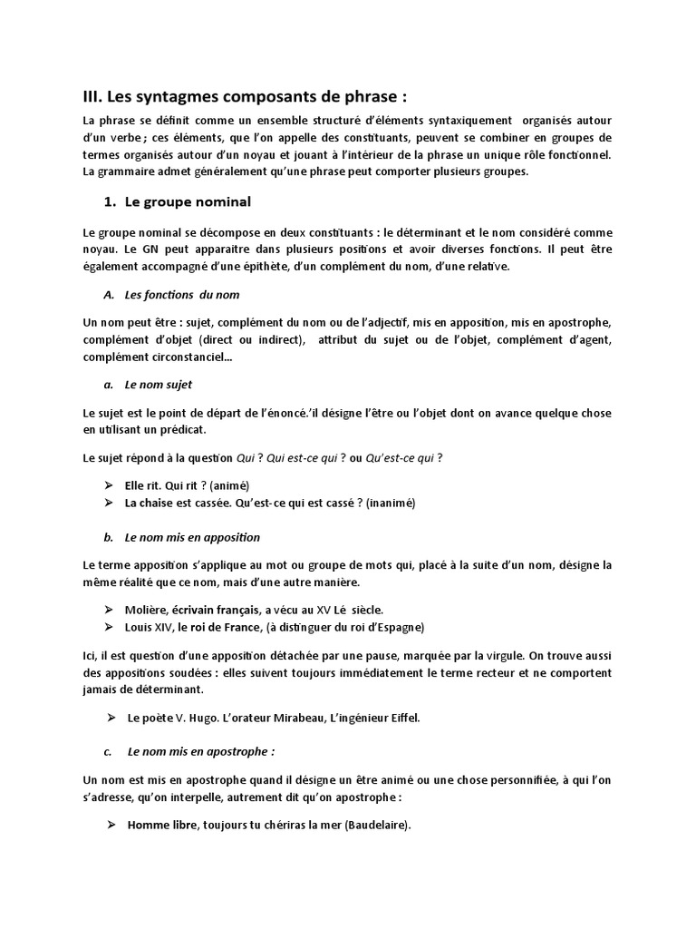 Les Syntagmes Composants de Phrase | PDF | Adverbe | Phrase