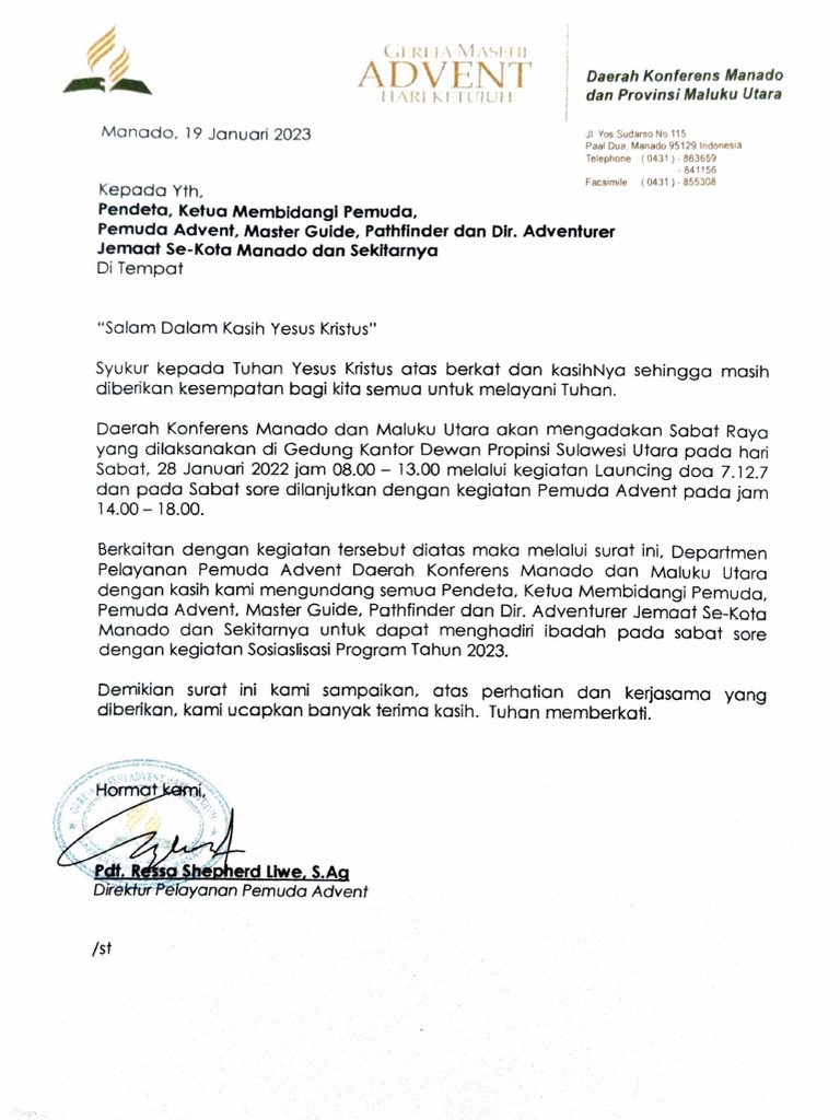 Surat Undangan Pemuda Advent | PDF