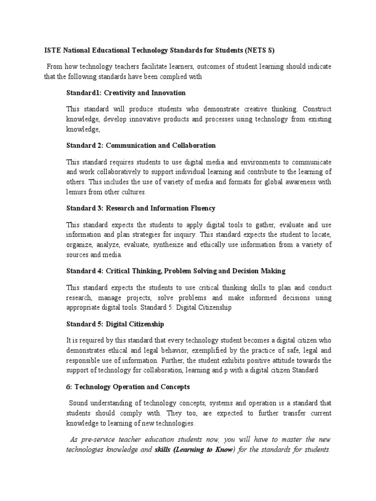 ISTE National Educational Technology Standards For Students | PDF ...