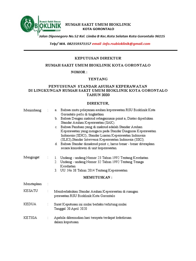 Standar Asuhan Keperawatan RSU Bioklinik | PDF