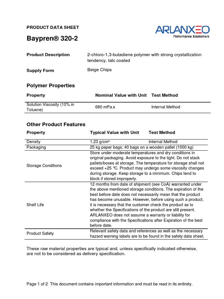 Baypren® 320-2 Product Data Sheet | PDF | Shelf Life | Implied Warranty