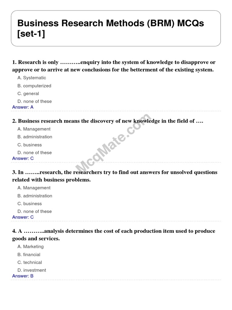 Business Research Methods Multiple Choice Questions Set 1: Fundamental Concepts and Theories ...