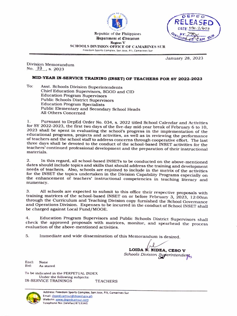 Memo 33 S. 2023-INSET | PDF | Teachers | Learning