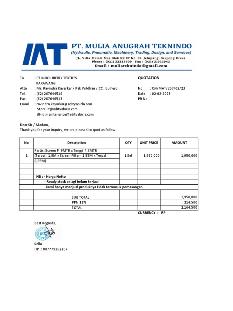 Penawaran PT Indo Liberty Textiles | PDF