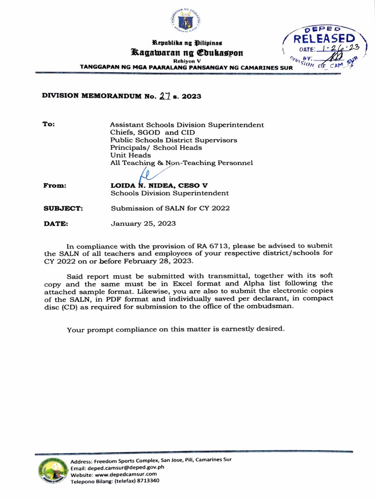 Division Memo No. 27 S 2023 Submission of Saln For Cy 2022 | PDF | Net ...