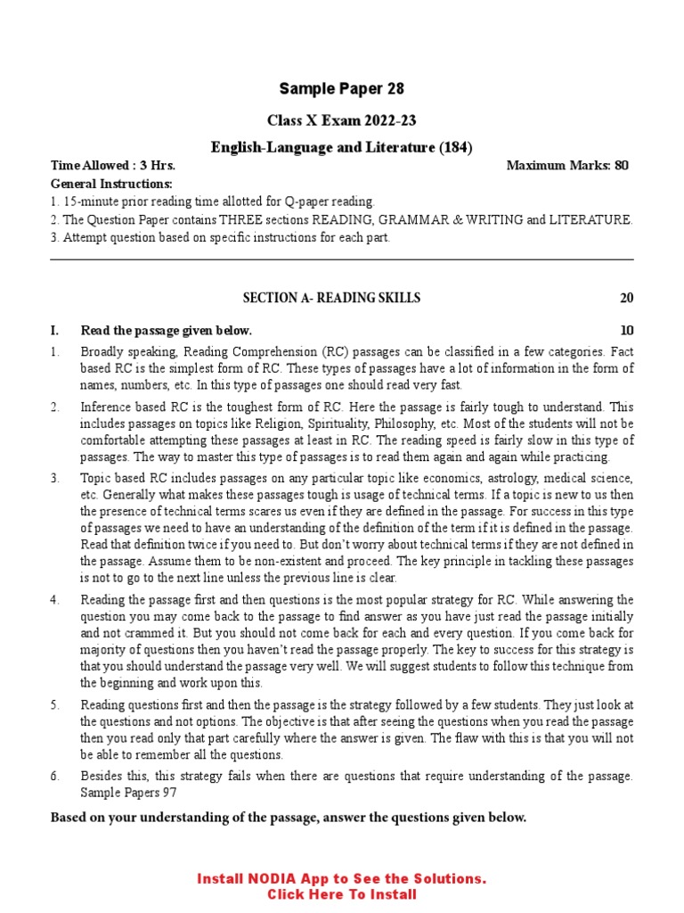 En Sample Paper 28 Unsolved | PDF | Reading Comprehension