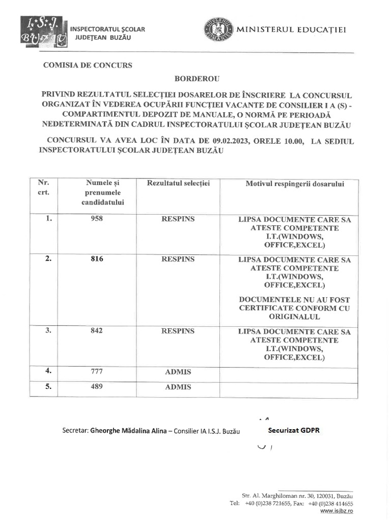 Rezultate Selectie Dosare Concurs | PDF
