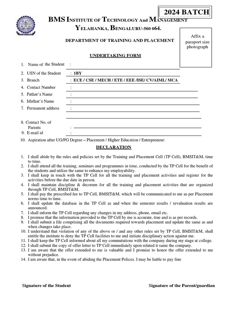 Student Undertaking Form - PTCell - BE | PDF