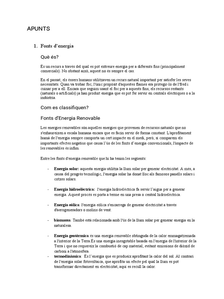 Apunts UNITAT 2. ELS RECURSOS ENERGÈTICS | PDF