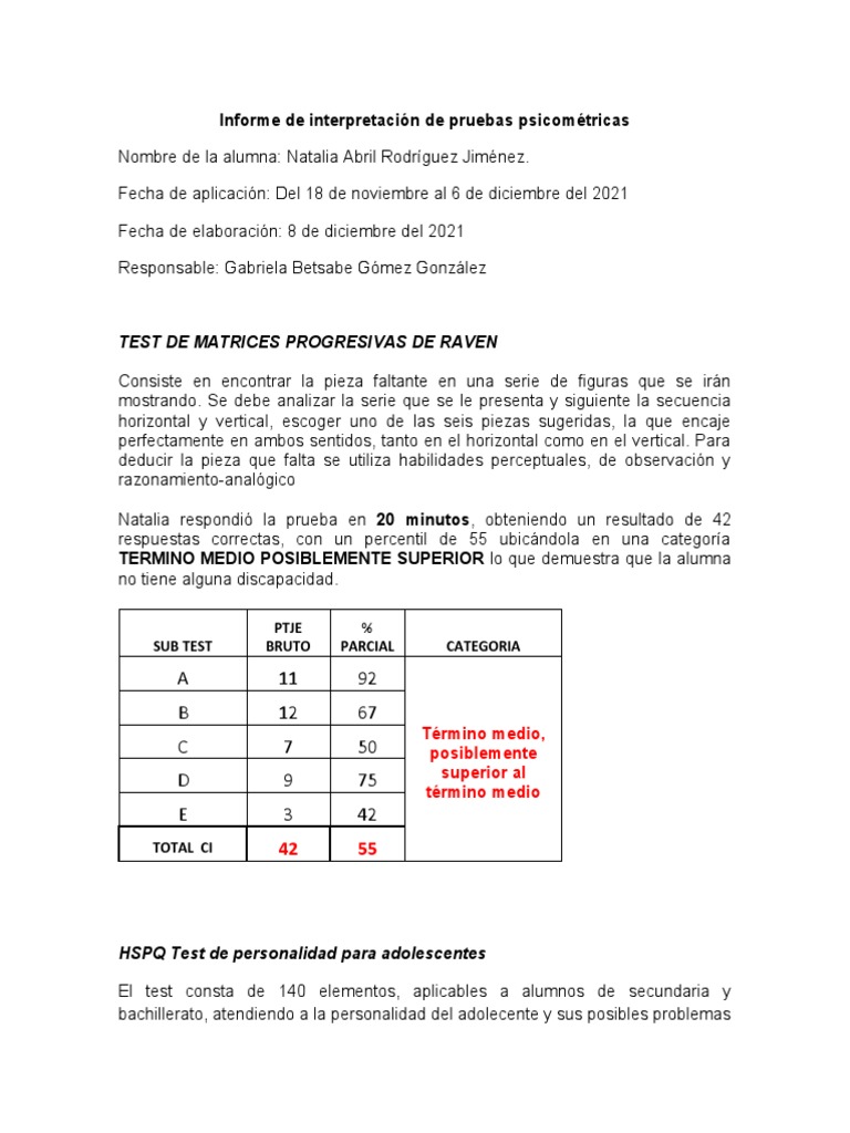 Informe de Interpretación de Pruebas Psicométricas Natalia | PDF | Cociente de inteligencia ...
