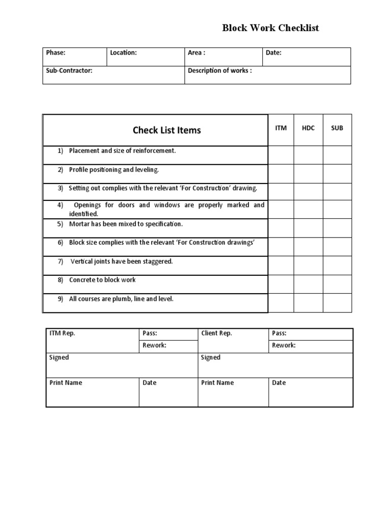 Block Work Checklist | PDF