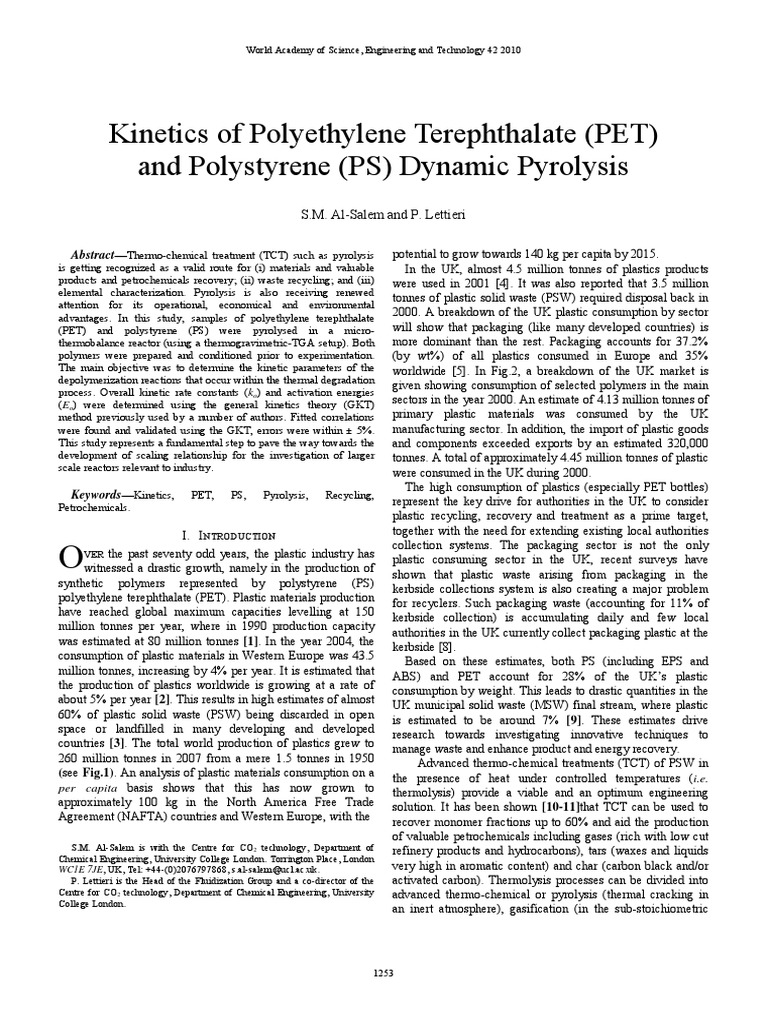 Kinetics of Polyethylene Terephthalate (PET) and Polystyrene (PS ...