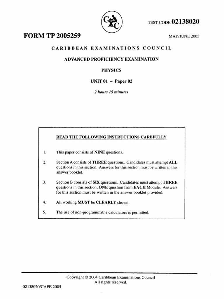 CAPE Physics 2005 U1 P2 | PDF | Wavelength | Force