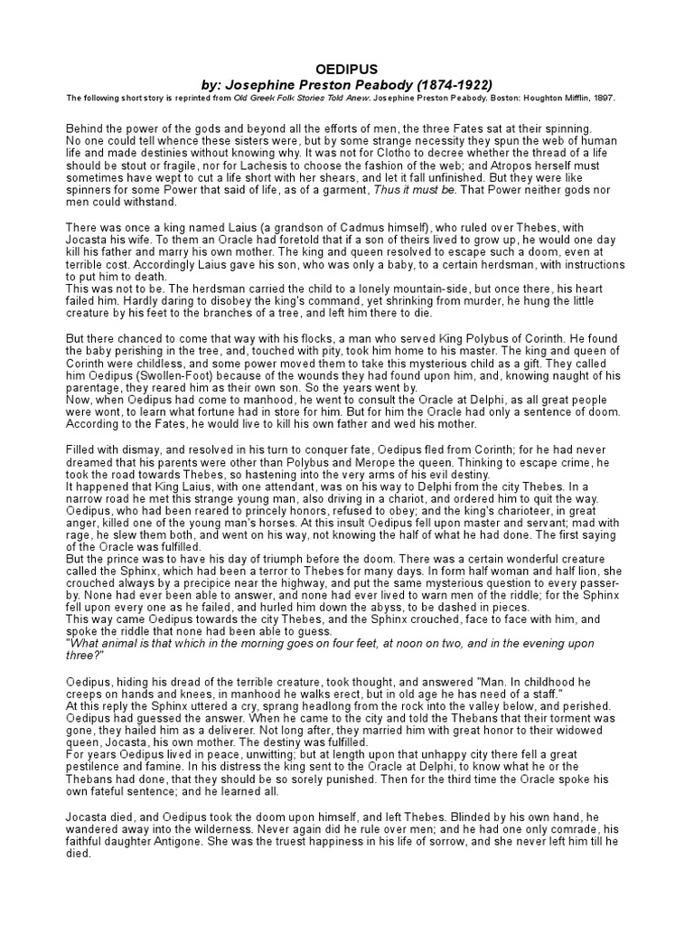 Oedipus Short Story | PDF | Oedipus | Boeotian Mythology