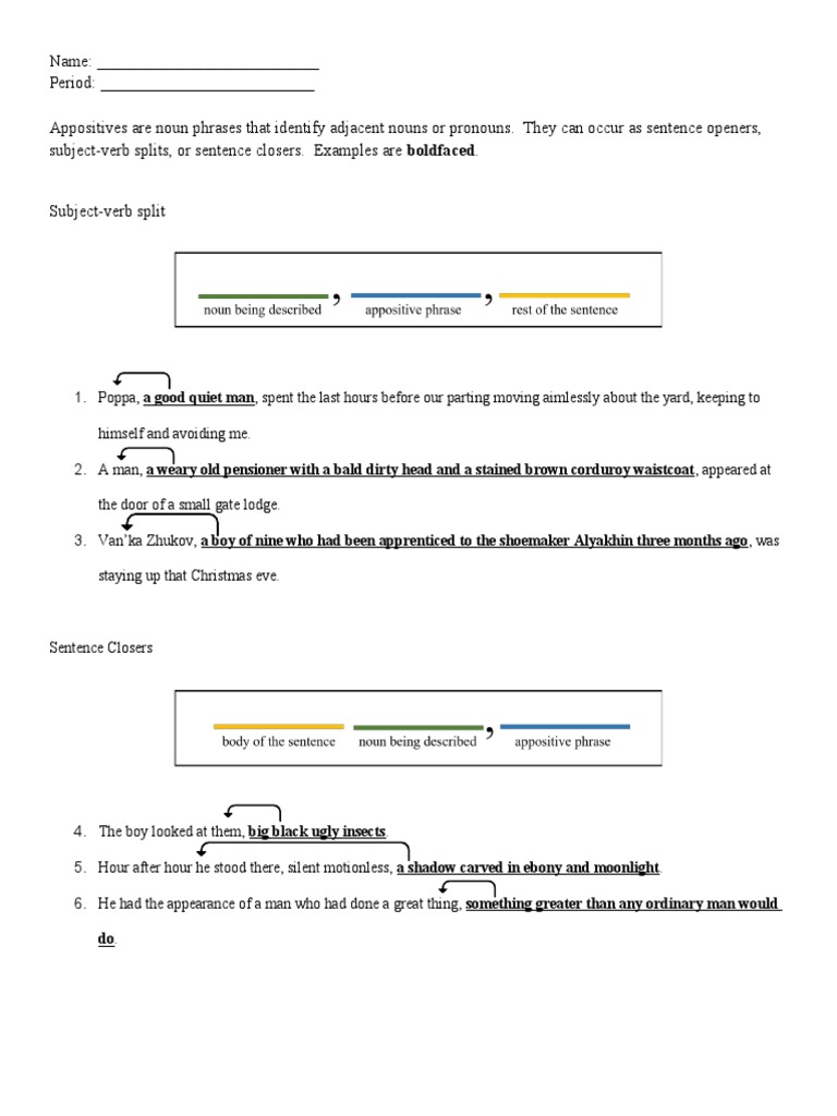 Appositive Worksheet | PDF | Linguistics