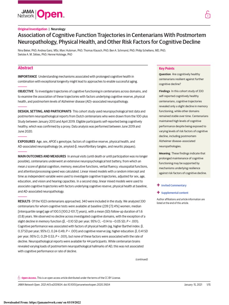 Association of Cognitive Function Trajectories in Centenarians With ... Association of Cognitive Function Trajectories in Centenarians With ...
