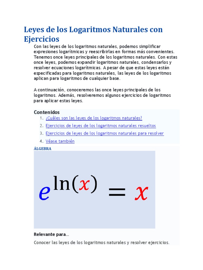 Leyes de Los Logaritmos Naturales Con Ejercicios | PDF | Logaritmo ...