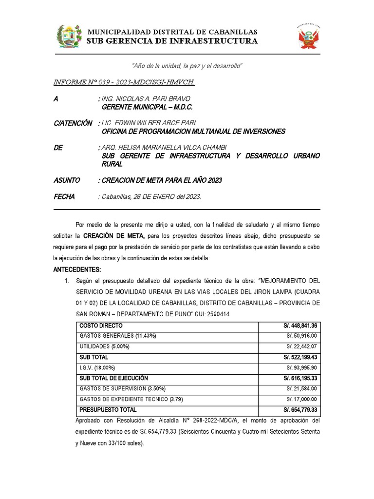 Informe #039 - Creación de Meta | PDF | Presupuesto | Economias