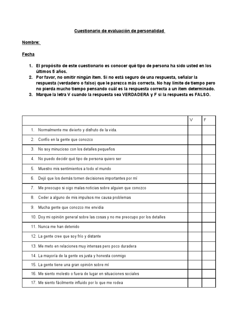 Cuestionario de Evaluación de Personalidad | PDF