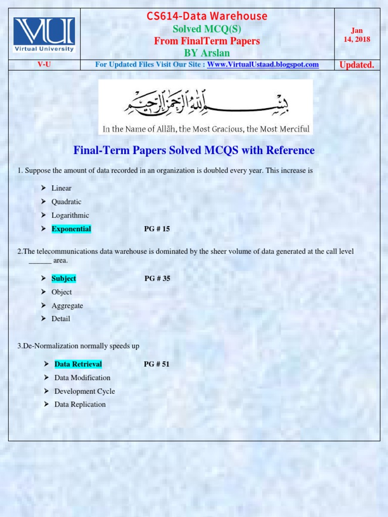Cs614 Finalterm Mcqs With Reference Solved By Arslan Pdf Data Warehouse Database Index
