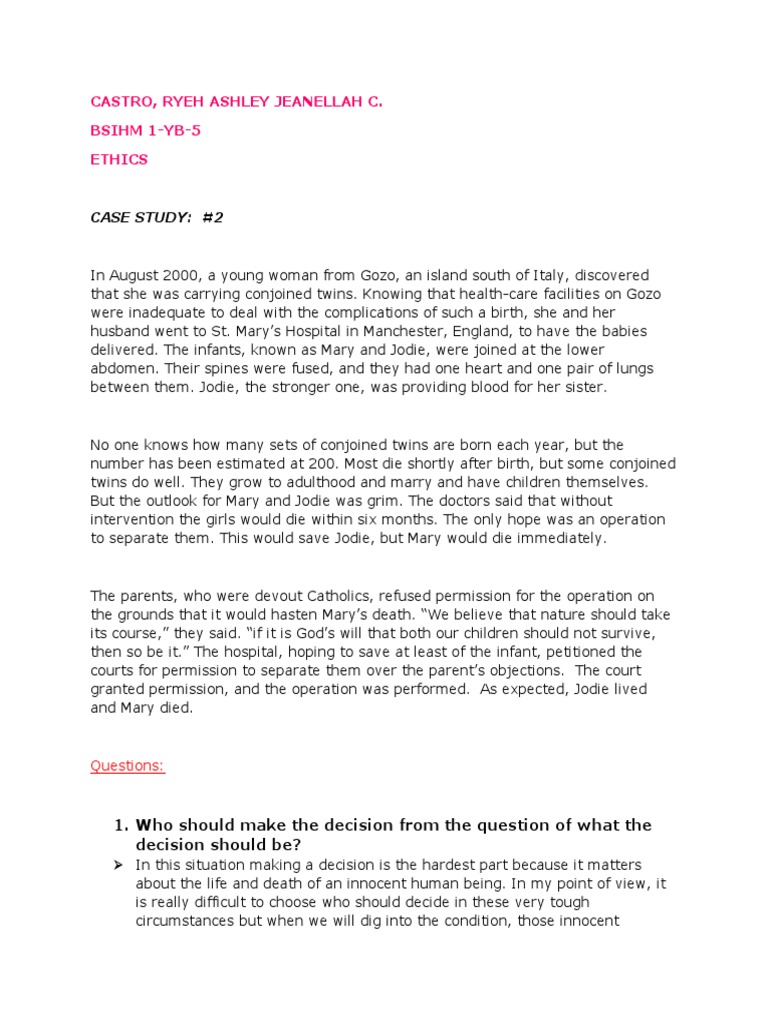 Case Study 2 Ethics | PDF | Conjoined Twins | Thought