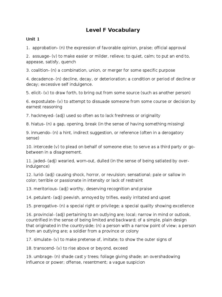 Level F Vocabulary Units 1-5 Overview | PDF | Psychological Concepts
