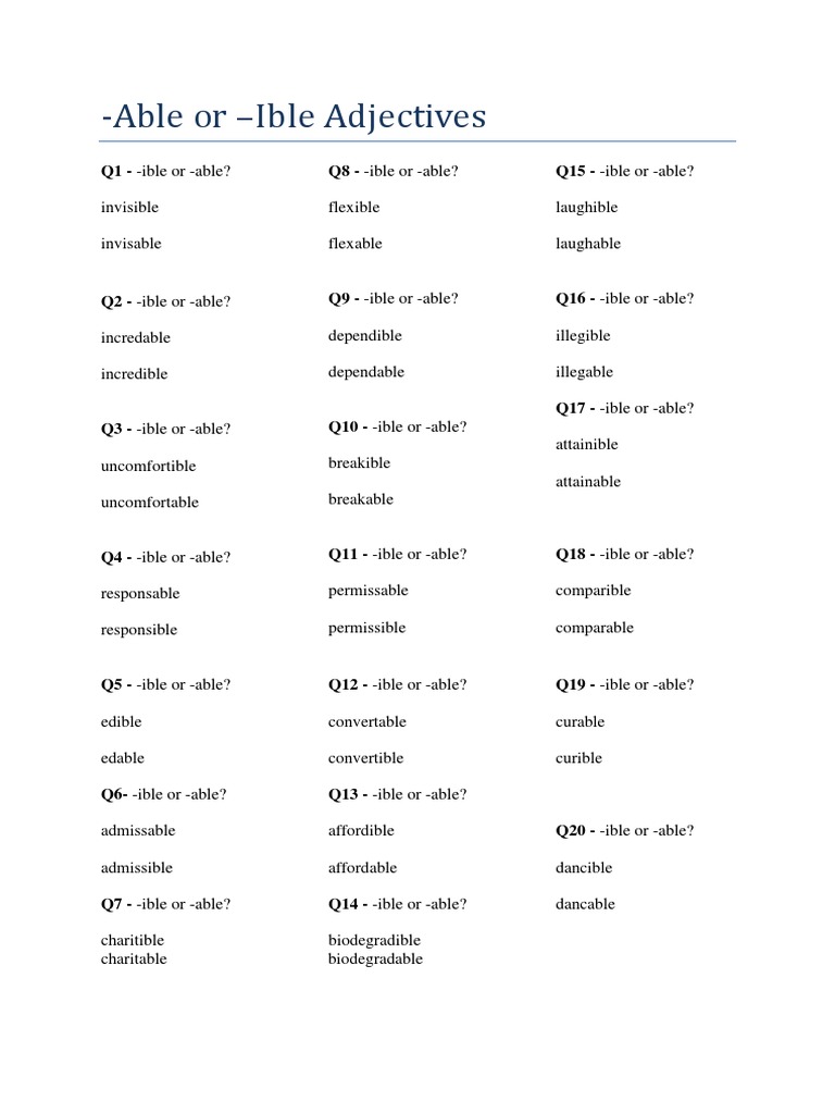 Able or Ible Adjectives | PDF