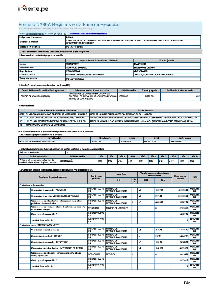 Formato 8a - Pistas y Veredas | PDF | Infraestructura | Tasa interna de retorno