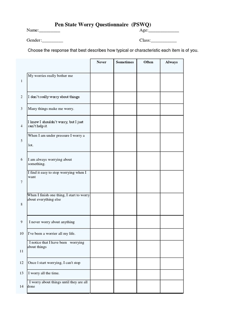 Penn State Worry Questionnaire PSWQ PDF Template | PDF