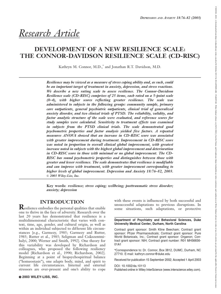 Depression and Anxiety - 2003 - Connor - Development of A New Resilience Scale The Connor ...