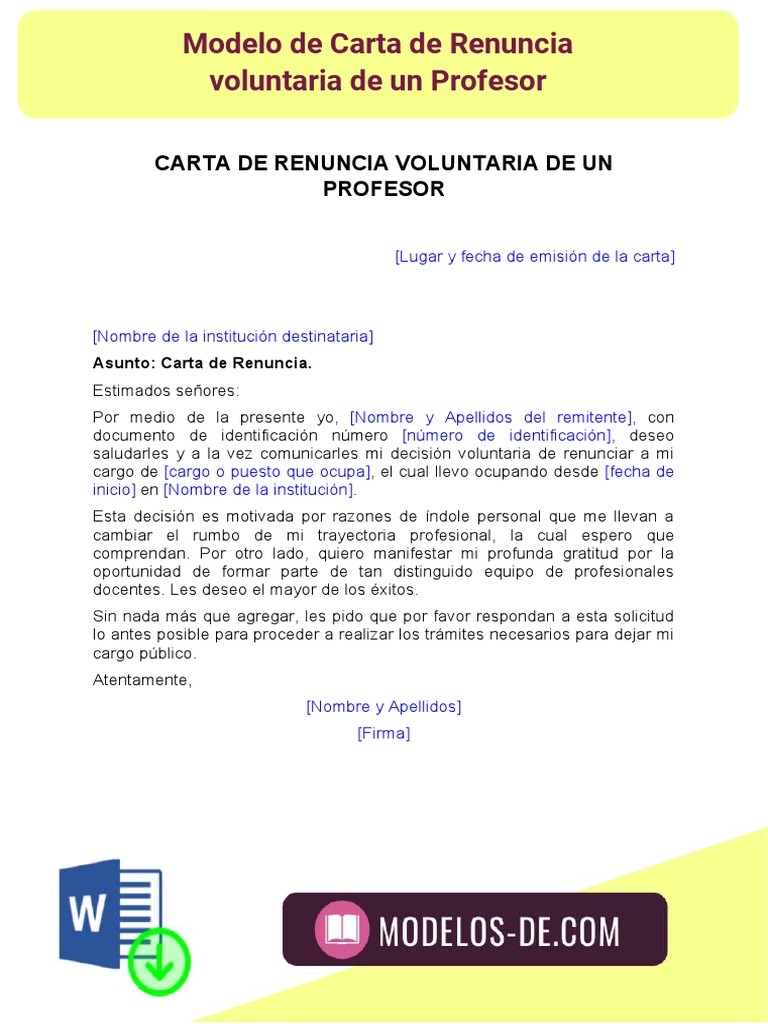 Modelo Carta Renuncia Voluntaria Profesor | PDF