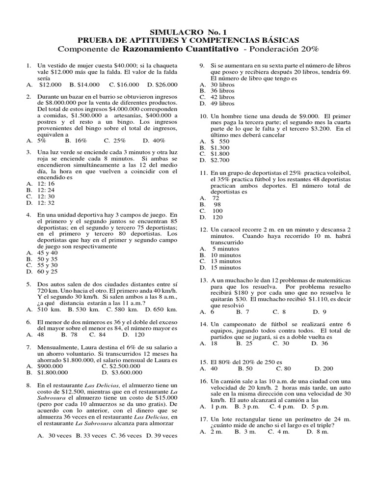 Razonamiento cuantitativo: Simulacro de prueba de aptitudes y competencias básicas | PDF ...