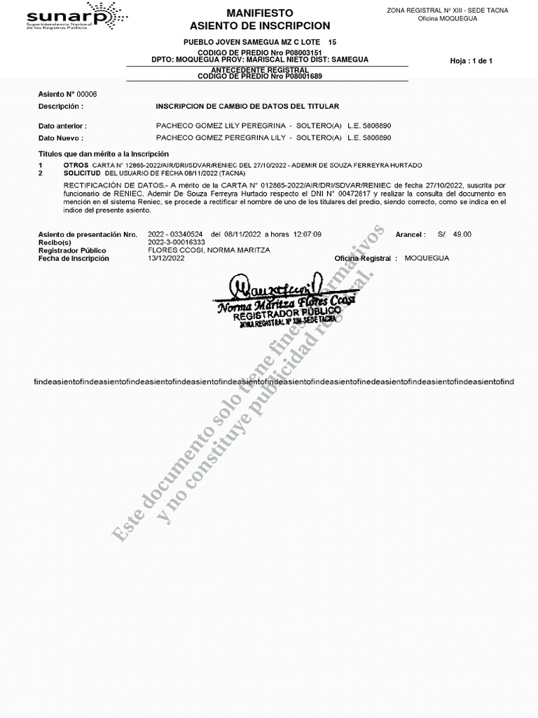 Asiento Registral | PDF