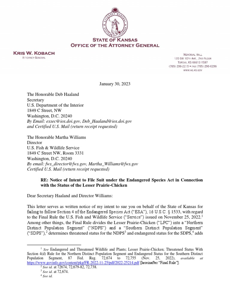 Ksag Esa 60 Day Notice (LPC) Final | PDF | Endangered Species Act Of ...