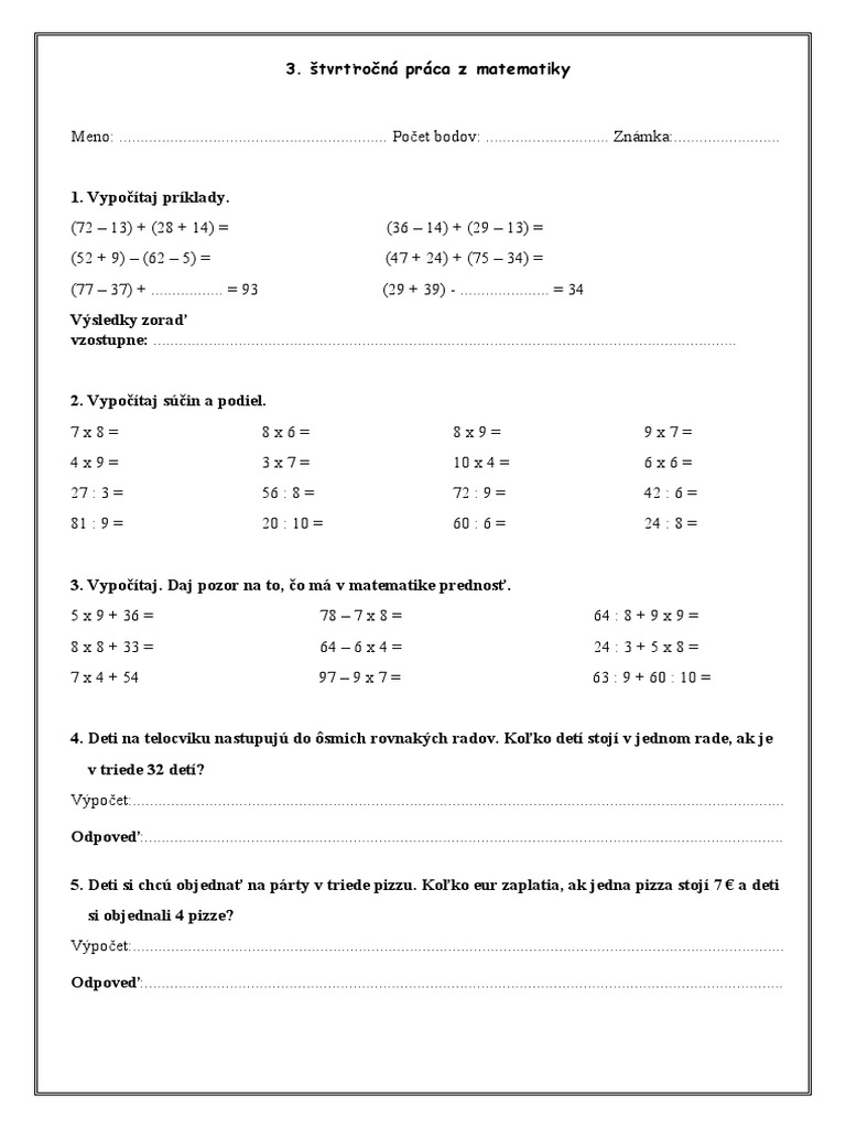 Štvrťročná Práca Z Matematiky | PDF