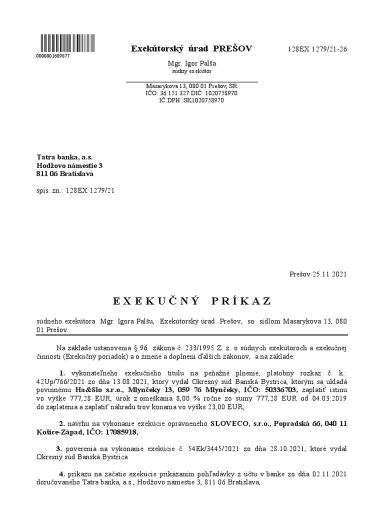 Exekučný Príkaz: Exekútorský Úrad PREŠOV | PDF