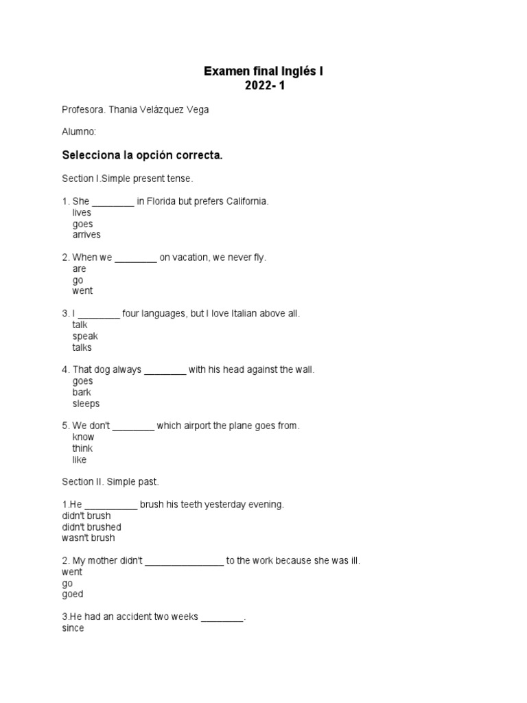 Final Exam English I: Tenses Practice | PDF | Language Arts & Discipline