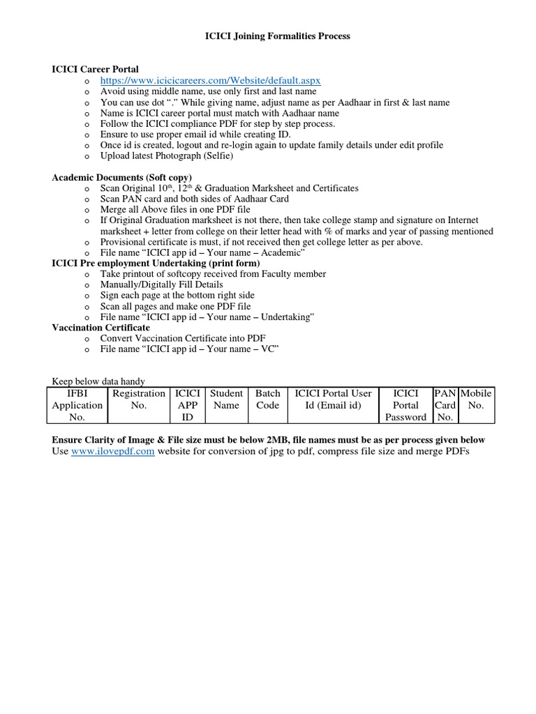 ICICI Joining Formalities | PDF
